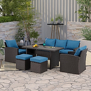 HOMREST 6 Pieces Patio Furniture Sets Clearance, Patio Dining Sofa Set Outdoor Sectional Sofa Conversation Set All Weather Wicker Rattan Couch Dining Table & Chair (Blue)
