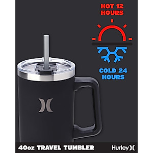 Hurley Tumbler Thermos - 40oz Double Wall Vacuum Insulated Travel Mug with Handle - BPA Free Stainless Steel Water Bottle - Leak Proof Hot and Cold Coffee Car Cup, Size 40 Ounces, Black Solid Rubber