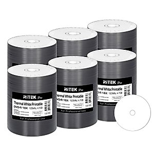 600 Pack Ritek Pro (Professional Grade) DVD-R 16X 4.7GB AZO Dye (MID MXL RG04) White Thermal Hub Printable Blank Media Recordable Disc