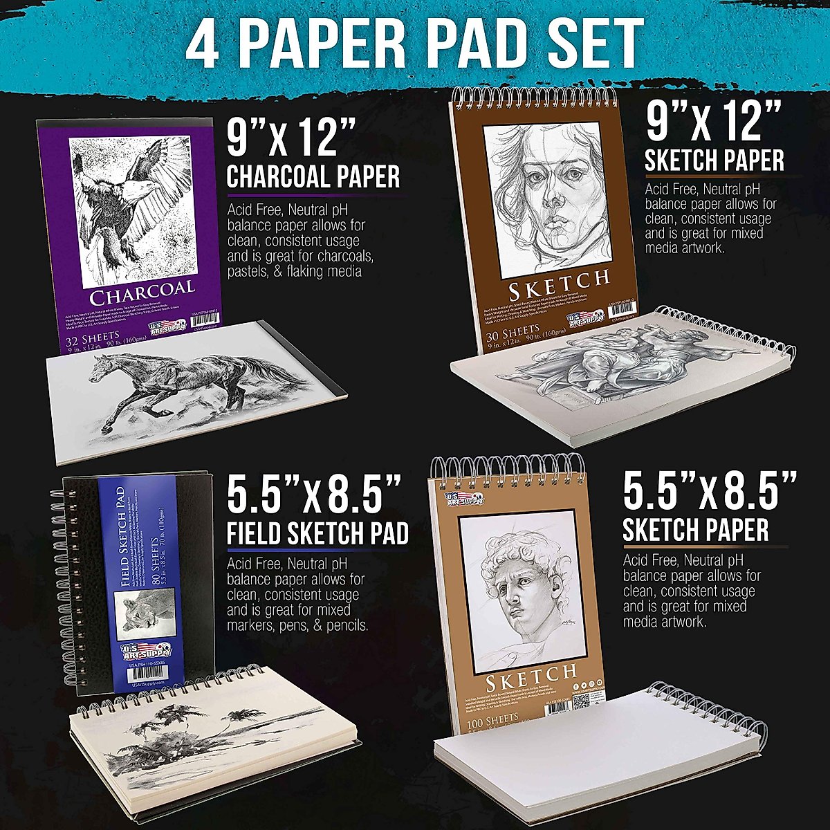 U.S. Art Supply Set of 4 Different Stylesof Sketching and Drawing Paper Pads (242 Sheets Total) - 2 Each 5.5" x 8.5" and 9" x 12" Premium Spiral Bound Sketch, Draw, Charcoal Pencil, Mixed Media Pads