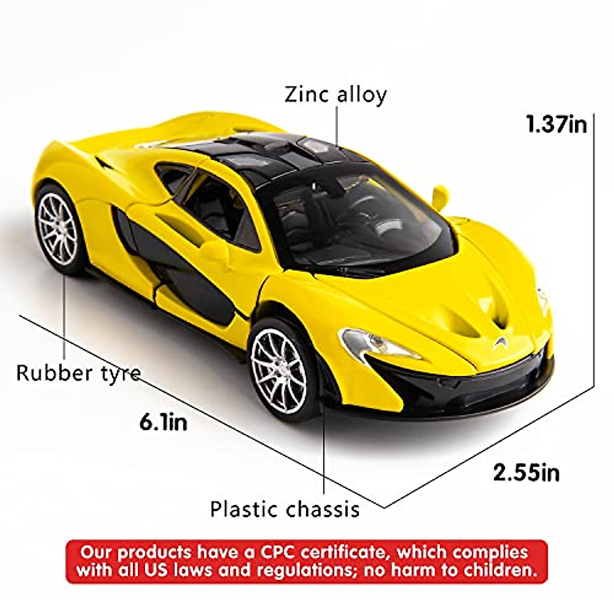 BDTCTK Compatible for 1:32 McLaren P1 Model Car, Zinc Alloy Pull Back Toy Car with Sound and Light for Kids Boy Girl Yellow