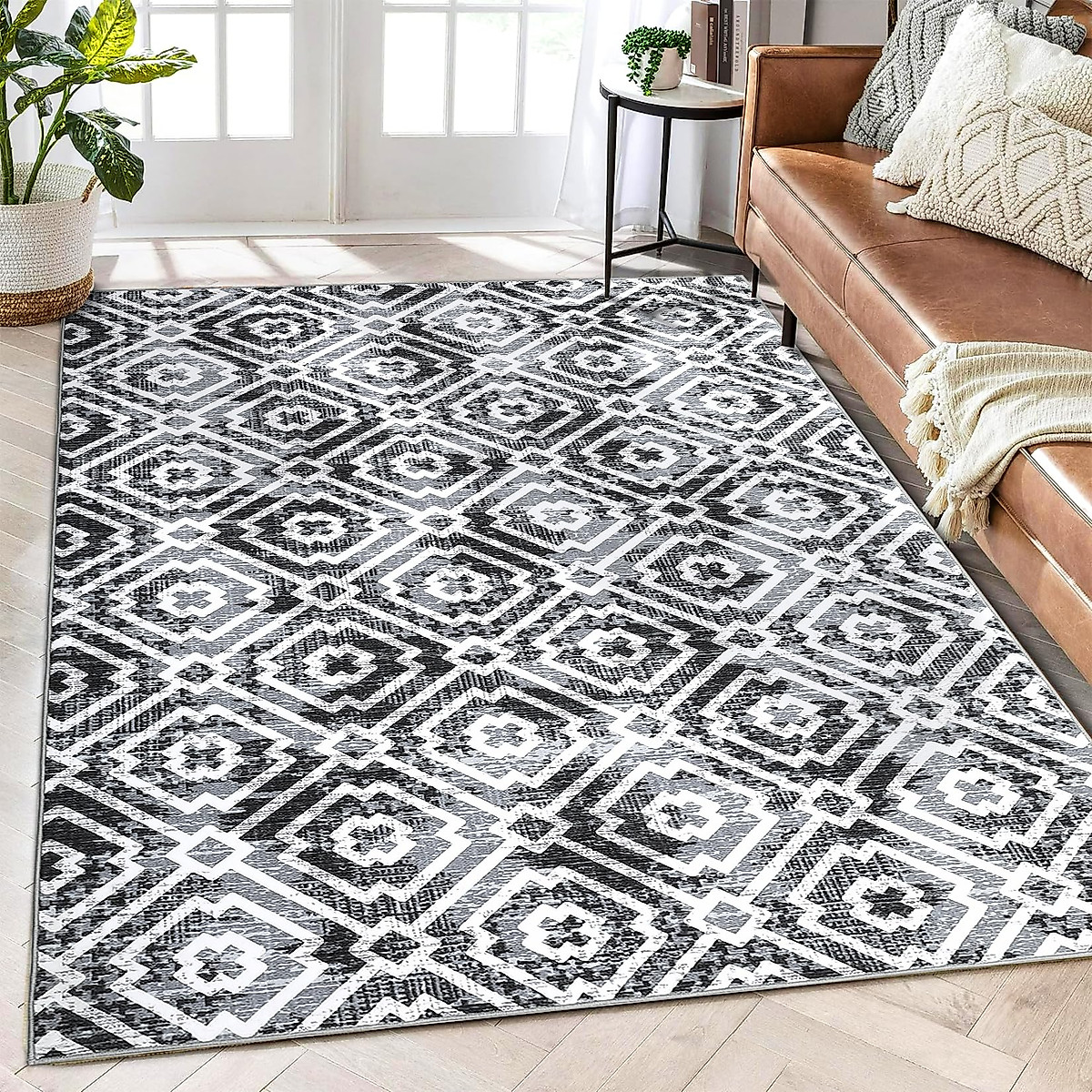 IMINROME Machine Washable 9x12 Area Rug Modern Large Rug Grey Modern Geometric Bedroom Living Room Throw Rug Non-Slip Distressed Dining Room Nursery Mat Non-Shedding Floor Accent Carpet