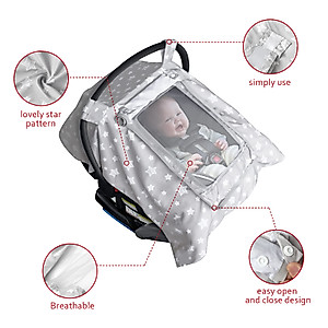 Baby Car Seat Cover for Boys Girls, Adjustable Peep & Breathable Mesh Window, Infant Carseat Canopy Fit All Seasons, Suitable for Various Stroller