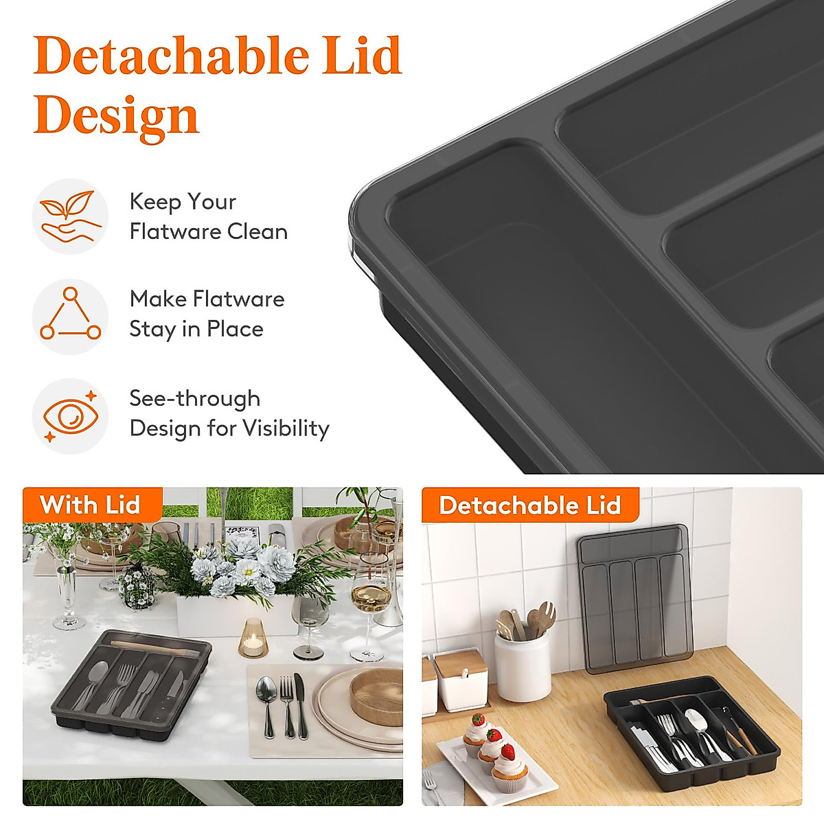 Lifewit Silverware Organizer with Lid, Covered Utensil Tray for Kitchen Drawer and Countertop, Plastic Cutlery and Flatware Storage Box for Spoons Forks Knives Holder Case, 5 Compartments, Black