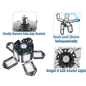 10 LED Leaf Deformable Panel Ceiling Light - 256 LEDs Ultra Bright Adjustable Garage, Workshop, Basement Light - Screws Into Existing Light Bulb Sockets E26/E27 - 150W Pure White 6500K - 10000 Lumens