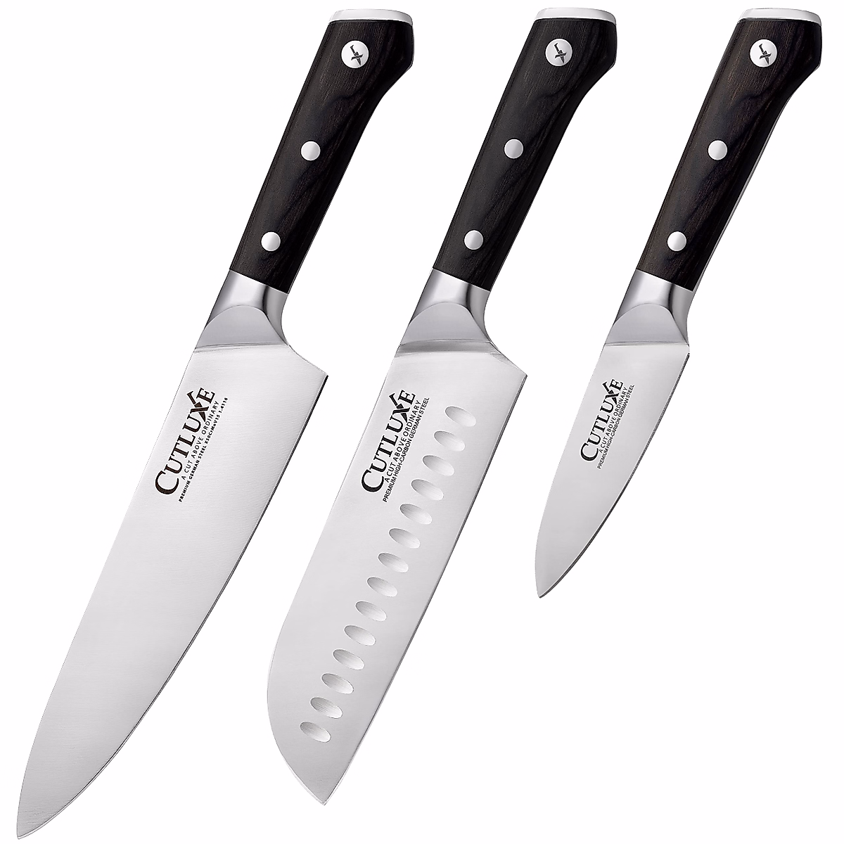 Cutluxe Chef, Santoku, Chopping and Paring Knife Set– Forged High Carbon German Steel – Full Tang & Razor Sharp – Ergonomic Handle Design – Artisan Series