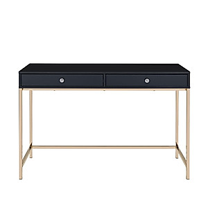 Daesar Computer Writing Desk with Two Drawer, Black High Gloss & Gold Finish