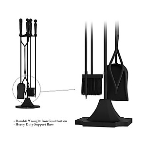 Lavish Home 5-Piece Fireplace Tools Set - Essential Heavy-Duty Accessories for Fireplaces - Includes Tongs, Shovel, Broom, Poker, and Stand