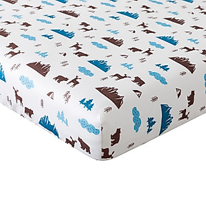 Soul & Lane 3-Piece Cotton Forest Animals Crib Bedding Set for Boys - Comforter, Crib Sheet, Changing Pad Cover: Woodland Friends Crib Bedding Set, Deer Bear Blue Nursery Quilt, Mountain Crib Sheet