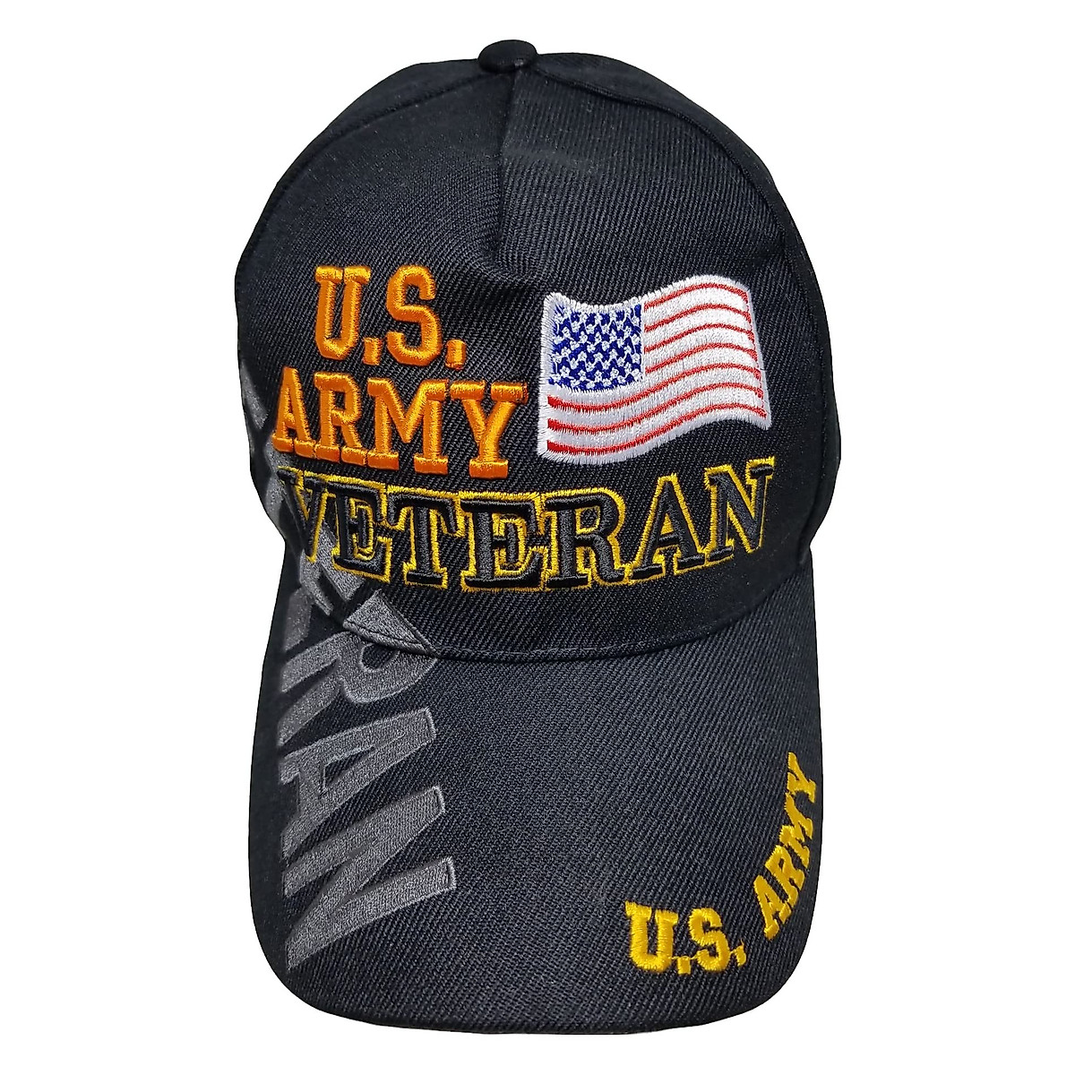 Army Black Baseball Cap US Veteran V American Flag USA Hat United States (Army Veteran Cap Black Side Shadow)