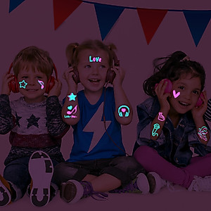 Konsait Glow in The Dark Temporary Tattoos for Kids Adults,10 Sheet Neon Music Party Body Face Tattoos Waterproof Fake Tattoos Stickers for Boys Girls Women Birthday Gifts Glow Party Favor Supplies