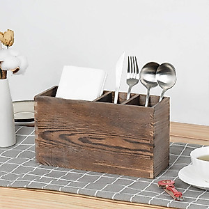 WuGeShop Rustic Utensil Caddy, 4 Adjustable Compartments Wooden Silverware Caddy, Upgraded Version kitchen Utensil Holders for Countertop