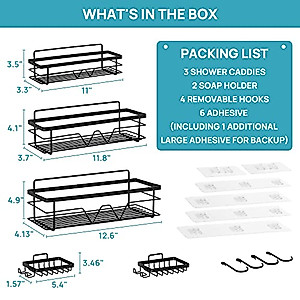 Vtopmart 5 Pack Shower Caddy Shelves Organizer with 4 Hooks, Self Adhesive Shower Rack Storage Shelf for Inside Shower, Stainless Steel Bathroom Shower Wall Organization, Black