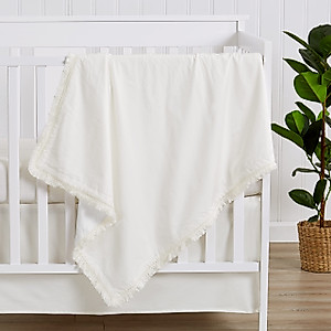 Sweet Jojo Designs Ivory Boho Bohemian Baby Girl Boy Blanket Receiving Security Swaddle Newborn Toddler Nursery Soft Minky - Gender Neutral Solid Beige Cream Off White Farmhouse Chic Minimalist Tassel