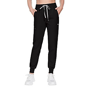 VIAOLI Scrub Pants for Women 8 Pockets Jogger Pants Cargo Scrubs Bottom with Knit Yoga Waistband,Elastic Drawcord Scrubs (Black,M,Medium)
