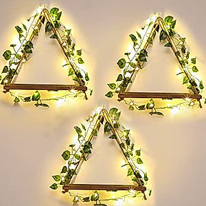 Artificial Ivy Garland LED Strip Wall Hanging Shelves Set of 3 Hanging Plant Shelf Wall Hanging Shelf for Bedroom Bathroom Living Room Kitchen, Wood Hanging Plant Shelves for Wall Decoration
