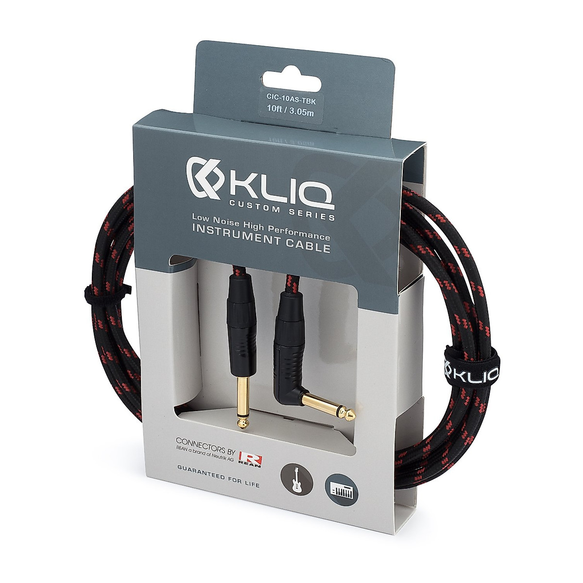KLIQ Guitar Instrument Cable, 10 Ft - Custom Series with Premium Rean-Neutrik 1/4" Straight to Right Angle Gold Plugs, Black/Red Tweed