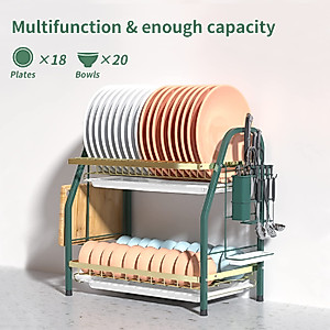 Boiarc Dish Drying Rack, 2 Tier Dish Rack for Kitchen Counter with Drainboard and Utensil Holder, Large Dish Drainer for Small Kitchen - Gold and Green¡­