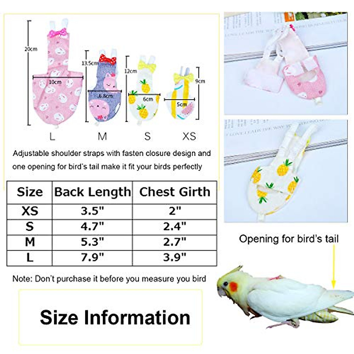 Bonaweite Bird Diaper Flight Suite Liners, Protective Parrot Nappy with Waterproof Inner Layer, Cute Urine Wet Suit for Macaw African Budgies Parakeet Agapornis Fischeri Cockatiel