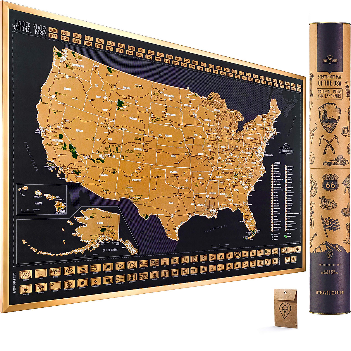 Travelization Scratch Off Map of United States 36" x 24" Frameable USA Scratch Map with National Parks, Highest Peaks and Vibrant Colors, Ideal for Travelers, Black