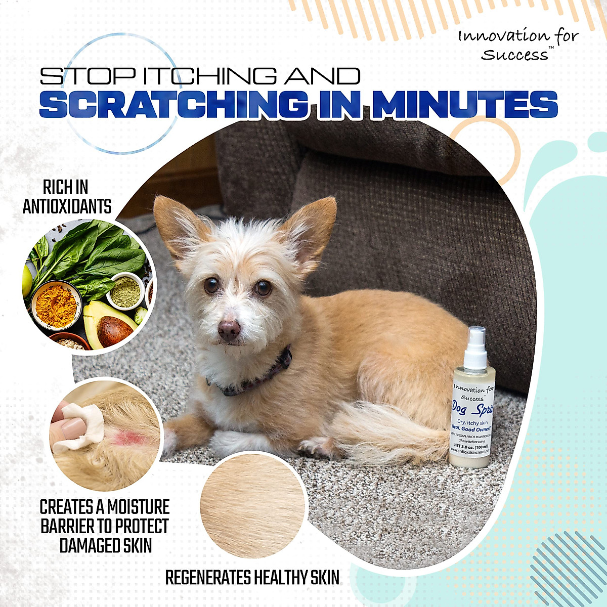 Innovation for Success Dog Spritz Dog Itch Relief Spray, Simple and Vegan Itchy Skin Relief for Dog, Squalene Oil Layer, Dog Anti Itch Spray with Antioxidants, New Improved Aroma