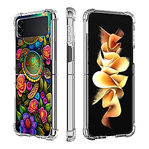 Beaucov Galaxy Z Flip 4 Case,Colorful Mandala Turtle Flower Drop Protection Shockproof Case TPU Full Body Protective Scratch-Resistant Cover for Samsung Galaxy Z Flip 4 5G