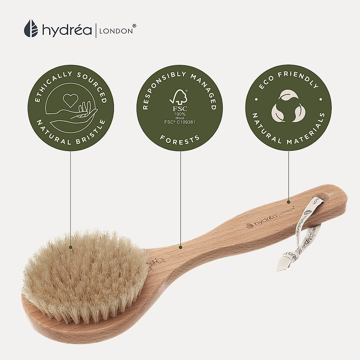 Hydrea London Dry Body Brush –Short Handle Premium Exfoliating Dry Skin Brush with Natural Bristle, FSC® Certified Beechwood.