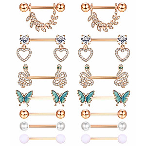 Besteel 𝟕 𝑷𝒂𝒊𝒓𝒔 Nipple Piercing Jewelry Stainless Surgical Steel Nipple Rings Set Cute CZ Ball Heart Butterfly Snake Tongue Belly Barbell Body Jewelry for Women 14G Rose Gold