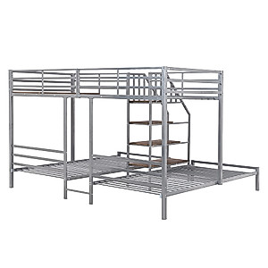 Harper & Bright Designs Triple Bunk Beds with Stairs, Metal Twin Over Twin & Twin Bunk Beds with Storage Shelves,3 Bed Bunk Beds for Kids, Girls, Boys,Teens,Silver