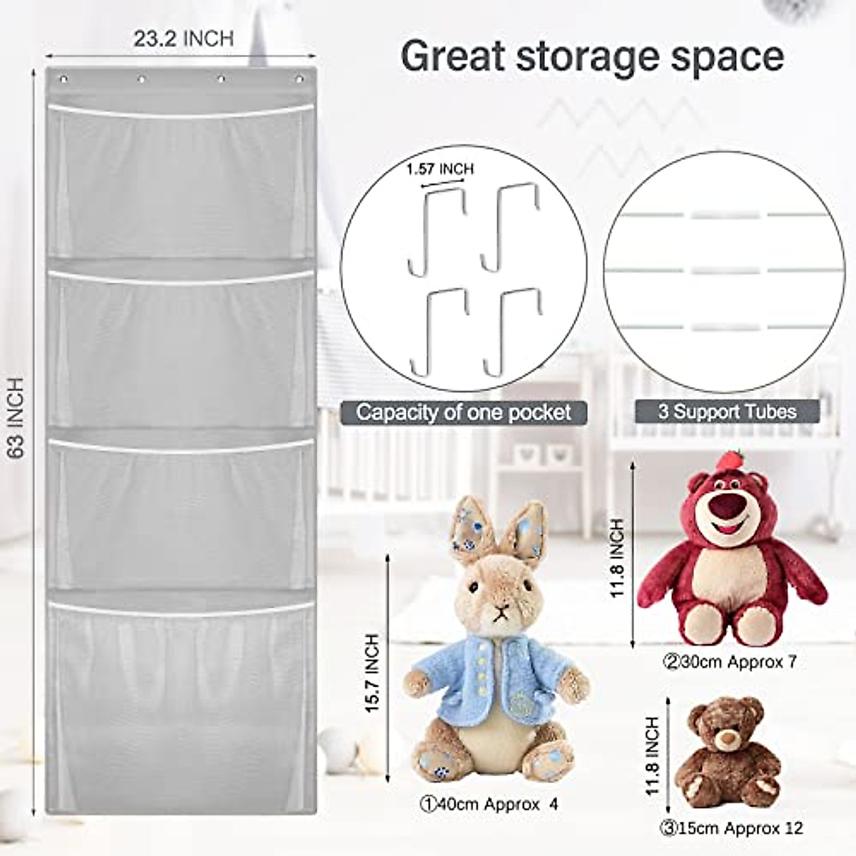 Hanging Stuffed Animal Storage, Over The Door Large Plush Toy Organizer with Metal Hook, Baby Accessories Holder Idea for Nursery, Doll & Teddy Bear Mesh Hammock Bag for Girls Boys Kids Room