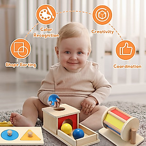 Sratte 3 Pcs Wooden Baby Toys Set, Object Permanence Box, Rainbow Drum, Colorful Multiple Shape Puzzles Toys, Preschool Toys Set for 6-12 Month Infant 1 2 3 Year Old Toddlers Babies