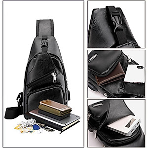 Seoky Rop Men's Leather Sling Bag Chest Crossbody Shoulder Bag with USB Charging Port Black