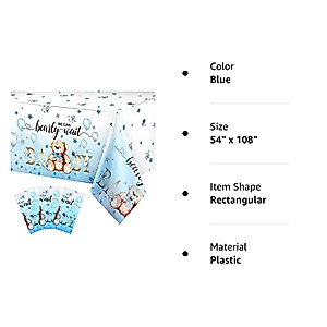 Bear Baby Shower Tablecloth Plastic Bear Table Cover We Can Bearly Wait Baby Tablecloth Bear Balloon Star Flower Table Cover for Kids Birthday Party and Baby Shower, 54 x 108 Inch (Blue,3 Pack)