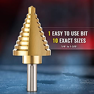 ZELCAN 10 Sizes Titanium Step Drill Bit, 1/4 to 1-3/8 Inches High Speed Steel Drill Cone Bits for Sheet Metal Hole Drilling Cutting, HSS Multi Size Hole Stepped Up Unibit for DIY Lovers Electrician