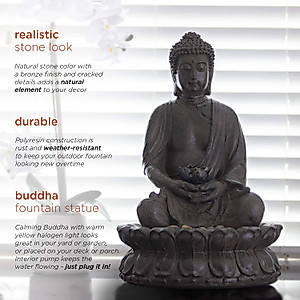 Alpine Corporation 19" Tall Indoor/Outdoor Tabletop Meditating Buddha with Lotus Flower Fountain with LED Light,Beige
