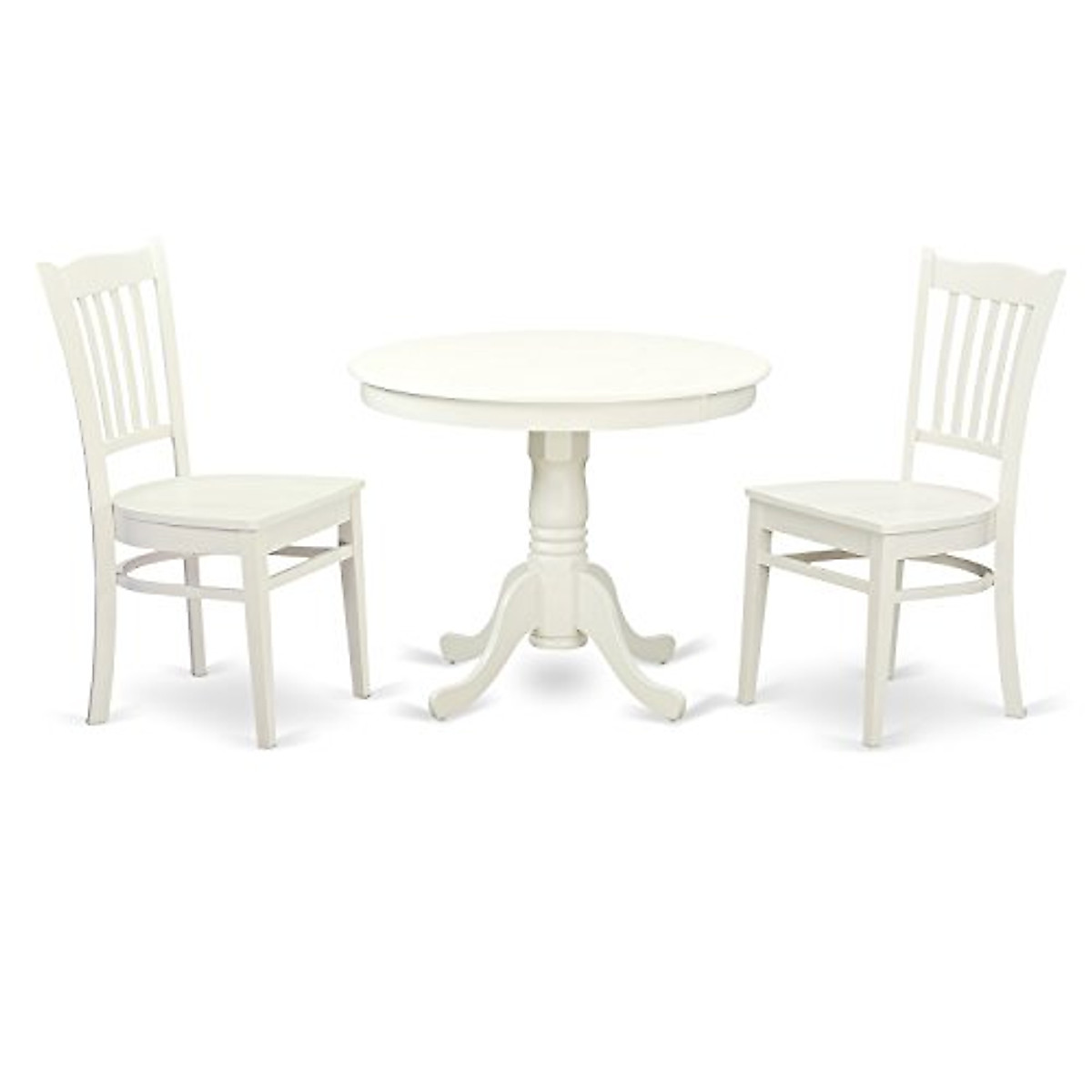 East West Furniture ANGR3-LWH-W 3 Piece Kitchen Table & Chairs Set Contains a Round Dining Room Table with Pedestal and 2 Solid Wood Seat Chairs, Linen White
