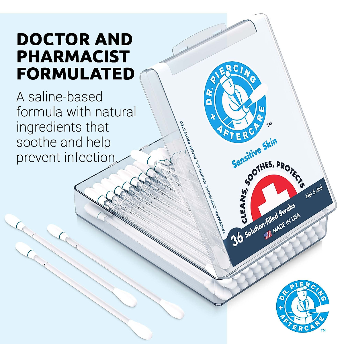 Dr. Piercing Aftercare Swabs - Saline Solution for Piercings - Earring Nose Belly Ear Piercing Cleaner - Saline Wash, Ear Hole Cleaner – Piercing Aftercare Formula - 36 Swabs