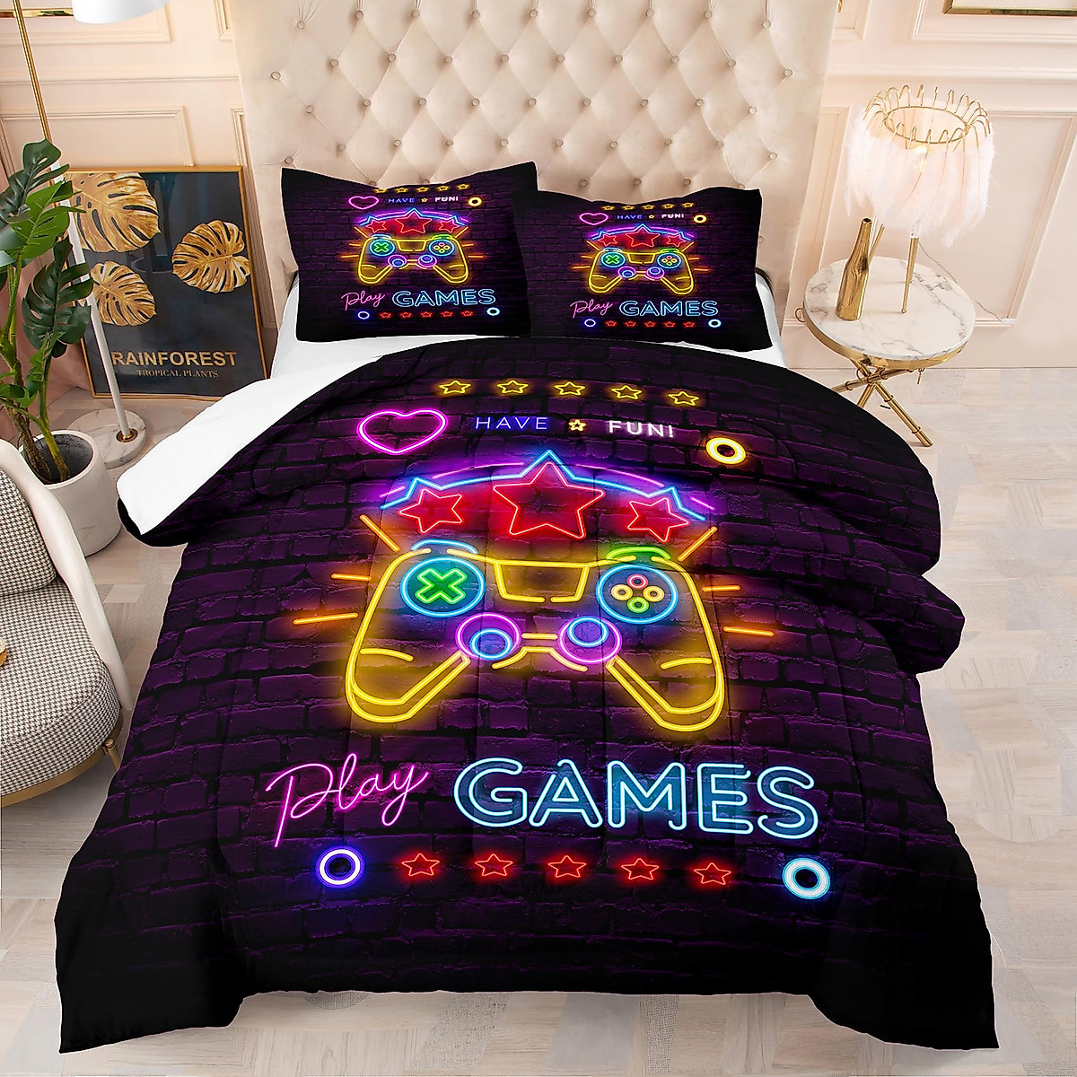 NINENINE Gamer Bedding Twin Size for Kids Teens, Gaming Comforter Sets for Boys,Game Contoller Video Gamepad Bed Set,Play Game Comforter Set with 1 Comforter 1Pillowcase……