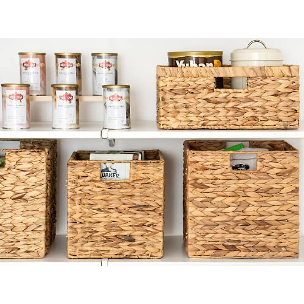 StorageWorks Wicker Storage Cubes with Liners, Water Hyacinth Storage Baskets for Shelving, Handwoven Square Baskets with Built-in Handles, Medium, 4 Pack