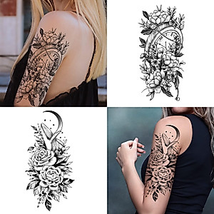 Cerlaza Large Temporary Tattoos for Women Girls, Flower Realistic Long Lasting Arm Half Sleeves Fake Tattoos for Adult, Tatuajes Temporales Women Waterproof Temporary Tattoos Stickers -10 Sheets