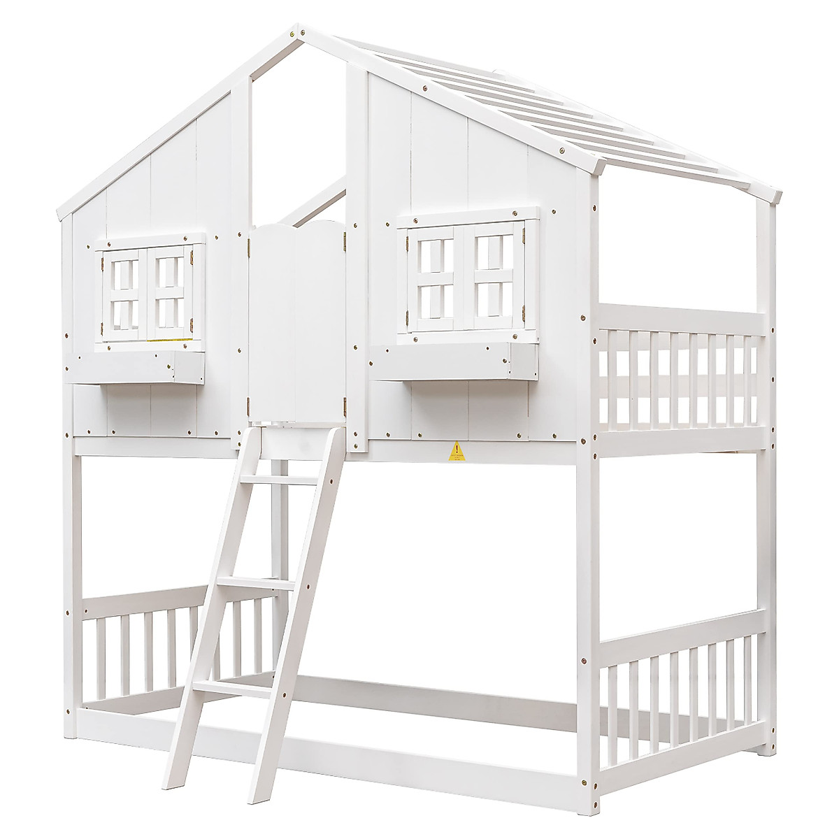 Harper & Bright Designs House Bunk Bed Twin Over Twin Kids Bunk Bed Wood Frame with Roof, Window, Window Box, Door, Safety Guardrails and Ladder, for Girls Boys (Twin Size, White)