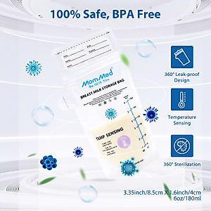 MomMed Breastmilk Storage Bags, Leak Proof Milk Storage Bags for Breastfeeding, Temp-Sensing Discoloration Disposable Breast Milk Bag with Pour Spout, 6 Ounce, Doubled-Sealed, BPA Free, 60Pack