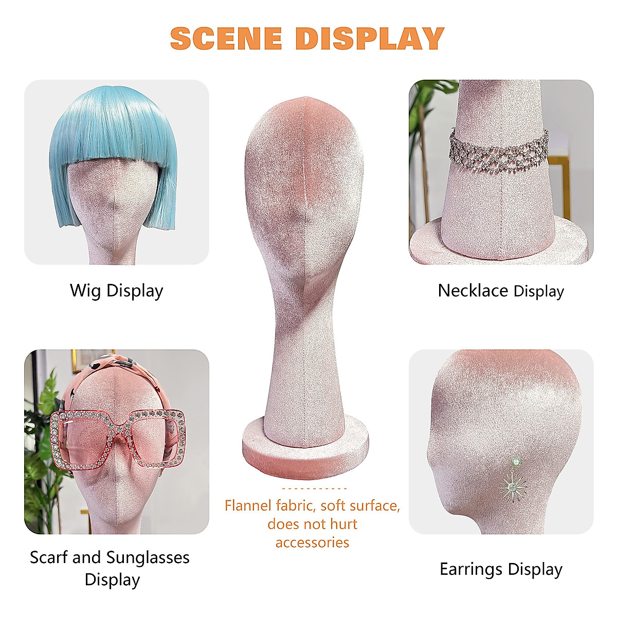 DE-LIANG Female Velvet Head Mannequin Dress Form Silk Fully Pinnable for Hat Wig Jewelry Earring Scarves Display, Clothing Fabric Head Model for Sale, Light Pink 40cm