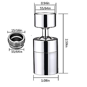 TOEGA 360 Degree Swivel Sink Faucet Aerator,2-FlowBig Angle Water Saving Dual Function,with Gasket Faucet Replacement Part - 55/64 Inch-27UNS Female Thread, 15/16 Inch-27UNS Male Thread Adapters (1)