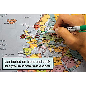 Laminated World Voyager Map Poster | Bright Style Map | Includes The Most Legible Location Labels | 36” x 24” | Shipped Rolled in a Tube, Not Folded | Great for The Home or Classroom