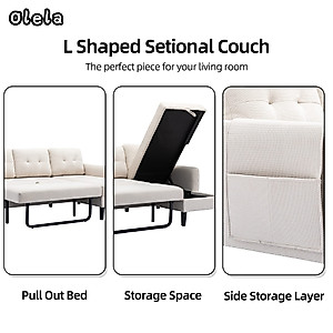 Olela Pull Out Sleeper Sofa Couch,Linen Convertible Sofa Bed L Shape Sectional Sofa with Storage Chaise and Pocket for Living Room (Beige-Tufted Back)