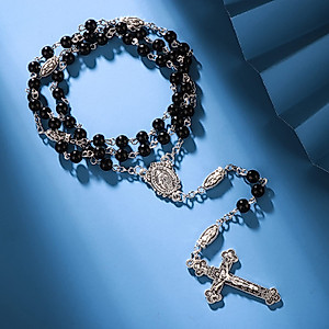 Rnivida Catholic Black Beads Rosary Virgin Mary Rosary Necklace with Jesus Crucifix, Miraculous Mary Medal Rosary Prayer Gifts for Women