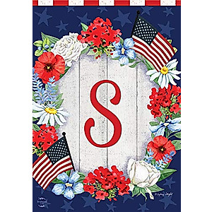 Patriotic Monogram Letter S Garden Flag Floral Wreath Briarwood Lane 18" x 12.5"