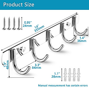 minidodoca Coat Rack Wall Mounted - 5 Hooks, 304 Stainless Steel, Metal Coat Hook Rail for Coat Hat Towel Purse Robes Mudroom Bathroom Kitchen Entryway (Silver, 2 Packs)