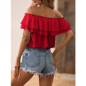 SweatyRocks Women's Off Shoulder Ruffle Trim Knot Front Blouse Tiered Layer Butterfly Short Sleeve Chiffon Tops Summer Red L